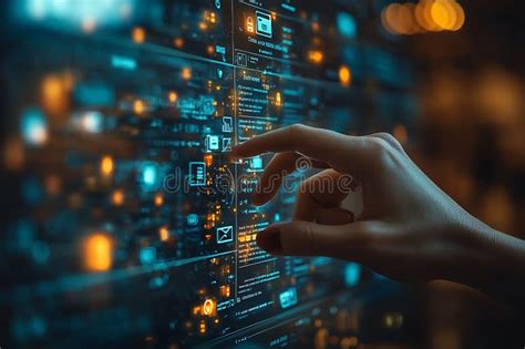 A Hand Touching A Futuristic Digital Interface With Glowing Abstract Data Stock Illustration