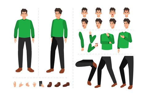 Young Man Character With Various Facial Expressions Hand Gestures Body And Leg Movement