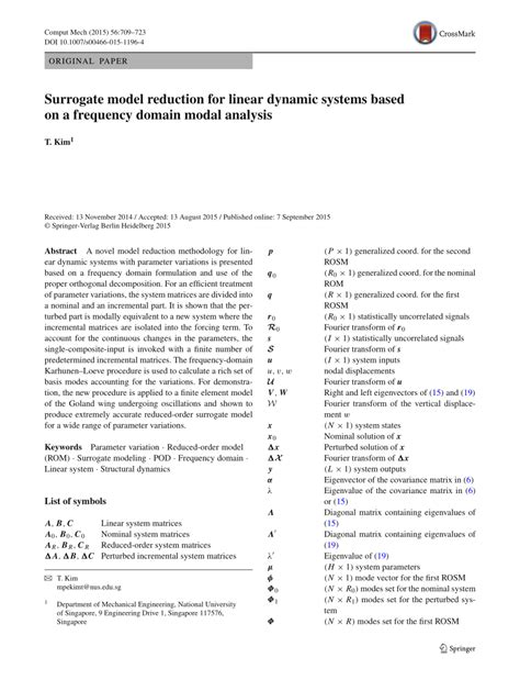 Pdf Surrogate Model Reduction For Linear Dynamic Systems Based On A Frequency Domain Modal