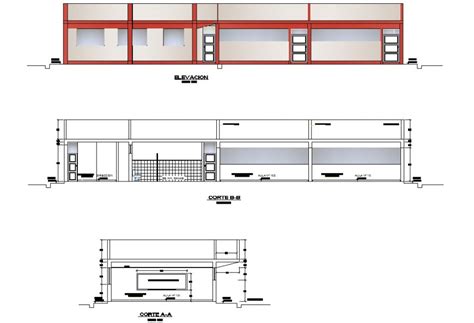 elevation and sectional detail of building structure 2d view cad block