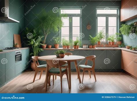 A Small Kitchen With A Gray Kitchen Set Stock Illustration