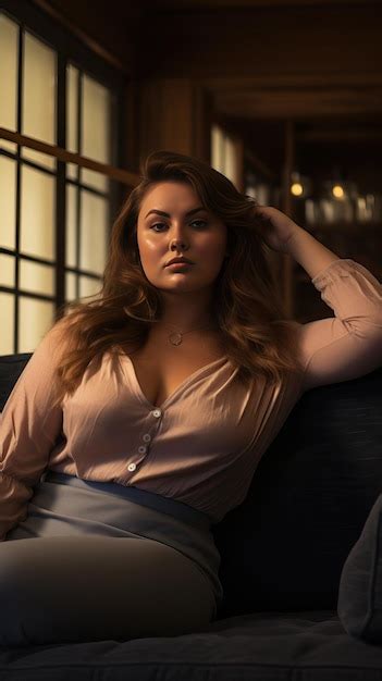 Premium Ai Image Beautiful Chubby Girl Sitting On A Sofa Generative Ai