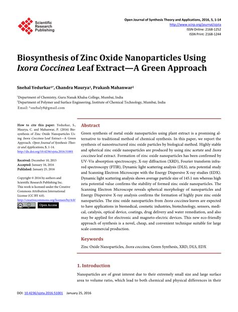 Pdf Biosynthesis Of Zinc Oxide Nanoparticles Using Ixora Coccinea Leaf Extract—a Green Approach