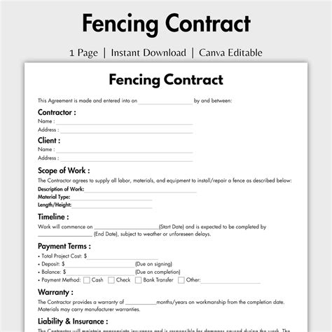 One Page Fencing Contract Editable Fence Contract Form Template