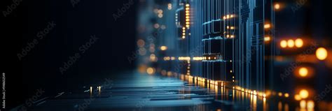Futuristic server room glowing with data transferring: complex circuitry and information flow ...