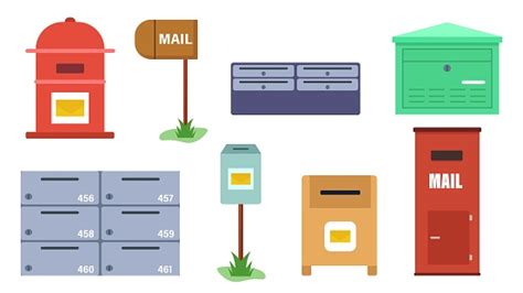 만화 스타일의 다채로운 사서함 세트 흰색 배경에 나무와 철 사서함의 벡터 그림입니다 우편함에 대한 스톡 벡터 아트 및 기타
