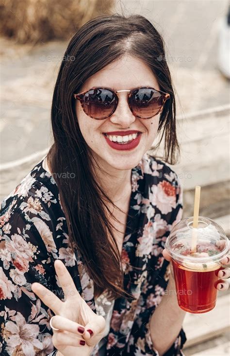 Stylish Hipster Woman In Sunglasses With Red Lips Drinking Lemonade