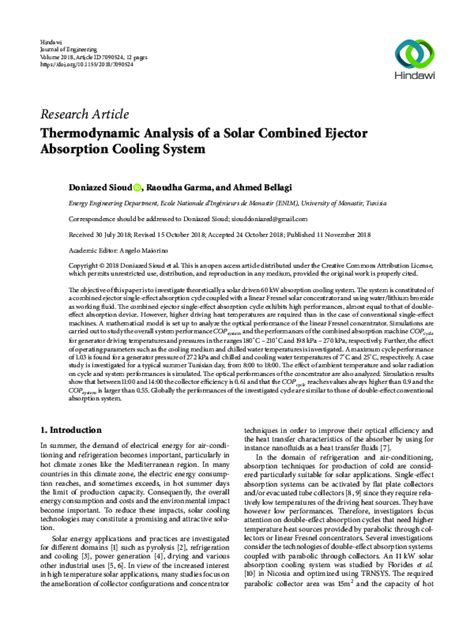 Pdf Thermodynamic Analysis Of A Solar Combined Ejector Absorption Cooling System