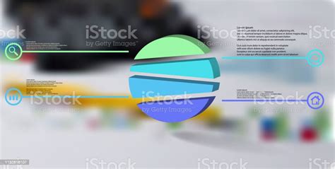 3d 插圖資訊圖範本浮雕圓隨機分為四個顏色部分物件排列在模糊的照片背景上圓圈上有簡單標誌的顏色線在兩側向量圖形及更多lorem Ipsum圖片