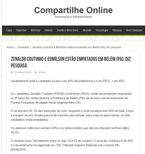 Site Compartilhe Online Divulga Pesquisa De 2º Turno Sobre A Disputa