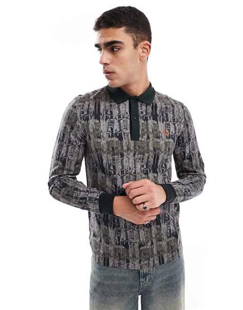 Fred Perry Long Sleeve Polo Shirt In All Over Forest Camo Print In