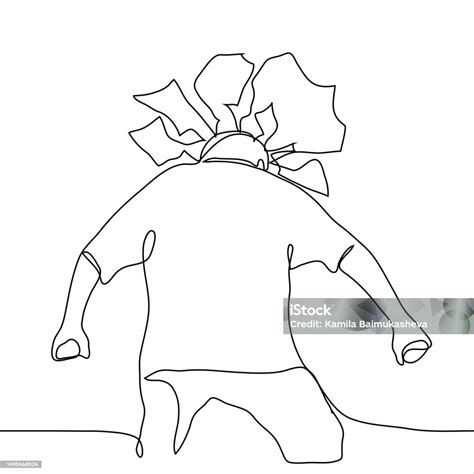남자는 머리로 벽을 부수고 있습니다 그 남자는 주먹을 꽉 쥐고 금이 간 벽에 머리를 부딪쳤다 하나의 연속 선 그리기 개념 절망