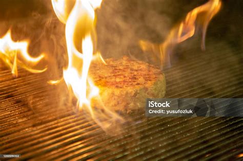 화격자 요리에 전면에 불꽃과 지상 고기의 일부 패티 바베큐 화염 그릴에 구운 햄버거를위한 쇠고기 또는 돼지 고기 바베큐 버거 강판에 갈기에 대한 스톡 사진 및 기타 이미지