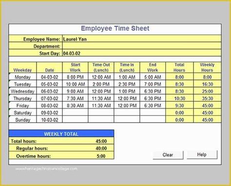 Free Excel Timesheet Template With Formulas Of Timesheet Calculator