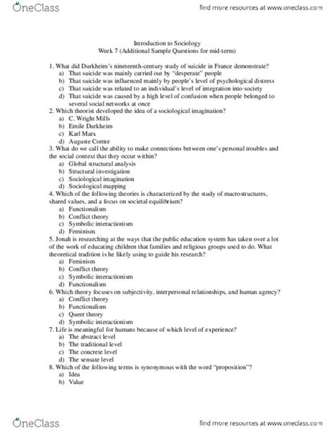 Soca01h3 Midterm Introduction To Sociology Week 7 Midterm Sample Quest Oneclass