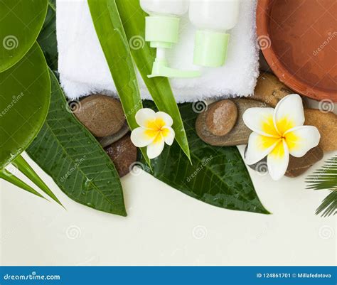 Spa Background With Green Leaves Flowers And Two Tube Stock Image