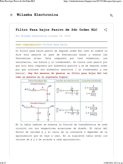 Filtro Pasa Bajos Pasivo De 2do Orden Rlc Pdf