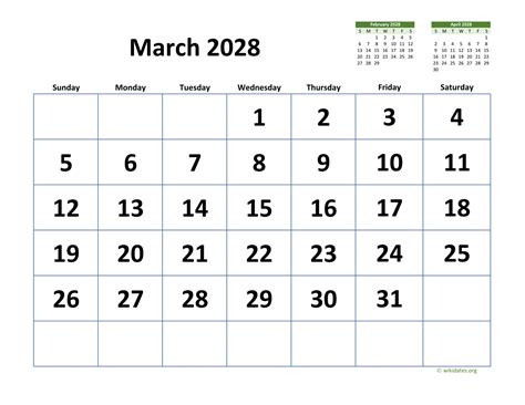 March 2028 Calendar With Extra Large Dates