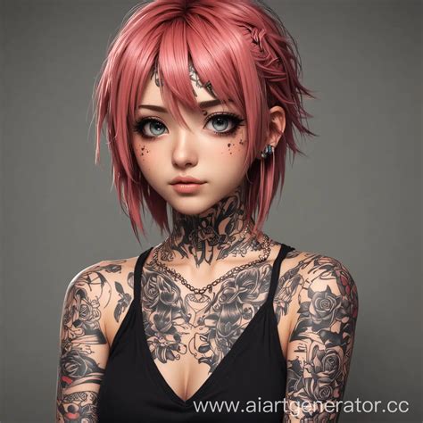 Alternative Anime Girl With Intricate Tattoos And Bold Piercings Ai