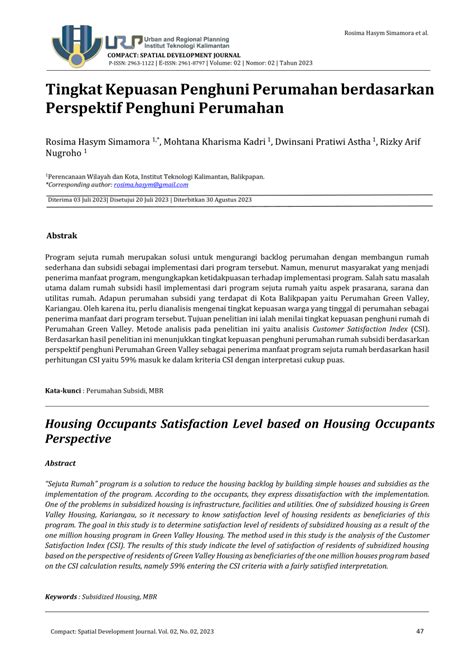 PDF Tingkat Kepuasan Penghuni Perumahan Berdasarkan Perspektif