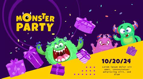 재미있는 괴물과 몬스터 파티 배너 템플릿입니다 생일 축하 인사말 또는 만화 스타일의 기념일에 대 한 초대 디자인 서식 파일입니다 벡터 그림입니다 몬스터에 대한 스톡 벡터