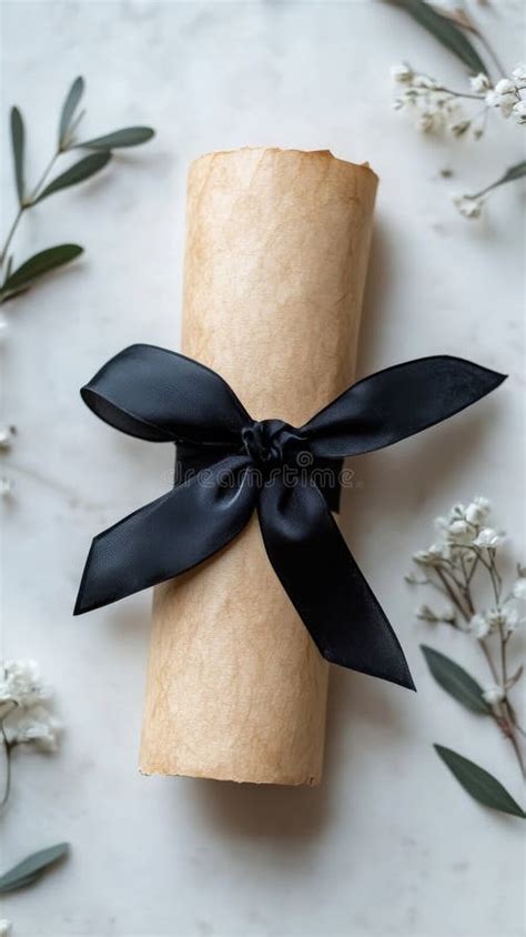 Elegant Scroll Wrapped In Black Ribbon Surrounded By Delicate Flowers On A Marble Surface Stock