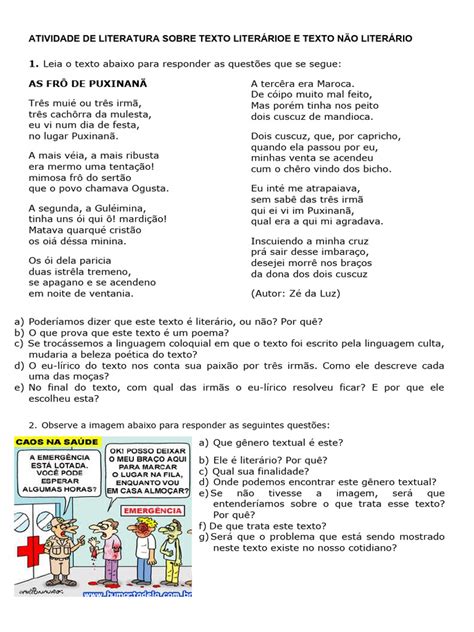 Atividade De Literatura Sobre Texto Literárioe E Texto Não Literário