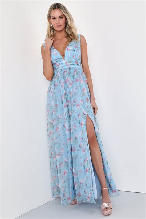 Light Blue Floral Print Maxi Organza Maxi Dress Floral Maxi Lulus