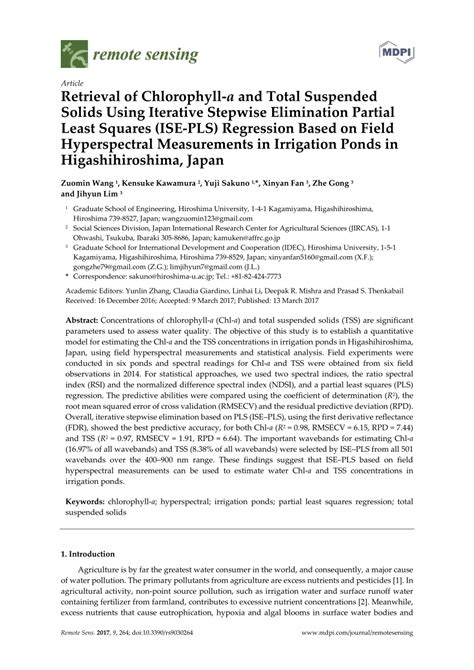 Pdf Retrieval Of Chlorophyll A And Total Suspended Solids Using