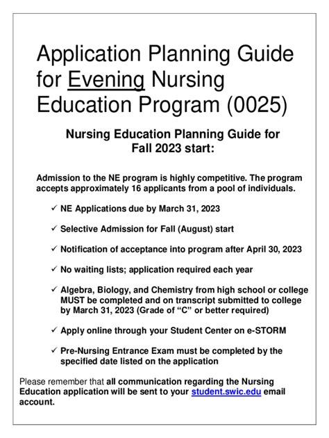Fillable Online Application Planning Guide For Evening Nursing