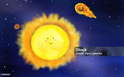 별이 빛나는 하늘에 귀여운 미소 짓는 태양과 혜성 행복한 천체가 있는 기발한 우주 그림 우주를 주제로 한 예술 어린이 천문학 행복한 별 장난기 넘치는 우주의 개념 가공의