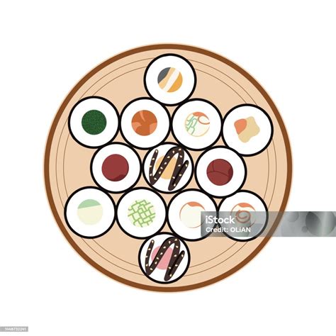 벡터 아이콘 세트 맛있는 색 초밥 롤입니다 다양한 맛과 종류의 컬렉션 전통적인 일본 음식 아시아 해산물 그룹 0명에 대한 스톡