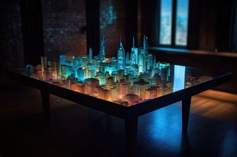 Premium Ai Image Futuristic Holographic Cityscape Projection On Table Created With Generative Ai