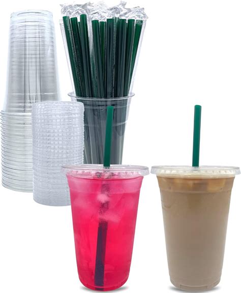 100 Sets 24 Oz Clear Plastic Cups With Lids And Straws Disposable