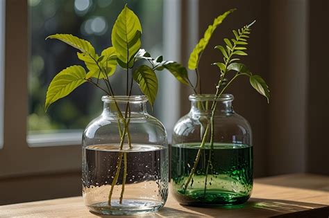 A Plant Is In A Glass Vase Next To A Green Plant Premium Ai Generated