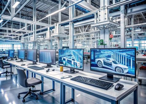 Modern Automotive Factory Work Desk With Multiple Computer Monitors