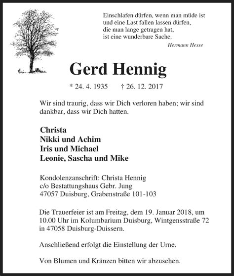Traueranzeigen Von Gerd Hennig Trauer In Nrwde