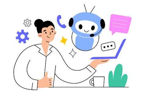 Ai 고객 서비스 애플리케이션 인공 지능은 고객을 돕습니다 로봇 어시스턴트와 전화 통화 및 채팅 노트북을 가진 여성은 온라인