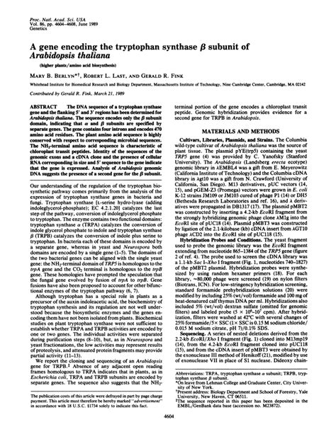 Pdf A Gene Encoding The Tryptophan Synthase β Subunit Of Arabidosis Thaliana