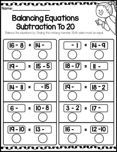 Balancing Equations Subtraction To 20 Subtraction Balanced Equations