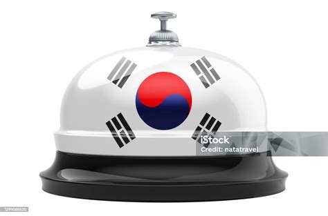 한국 국기가 달린 리셉션 벨 흰색 배경에 격리된 3d 렌더링 계산대에 대한 스톡 사진 및 기타 이미지 계산대 고객 금속의