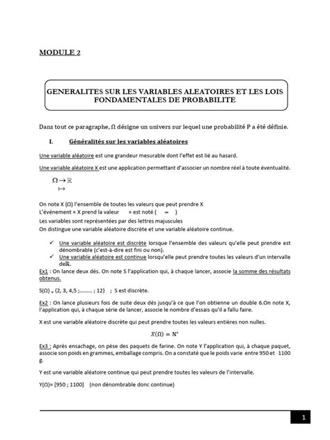 Generalites Sur Les Variables Aleatoires Et Les Lois Fondamentales De