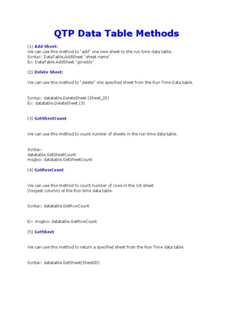 Qtp Data Table Methods Add Sheet Pdf Microsoft Excel Table Database