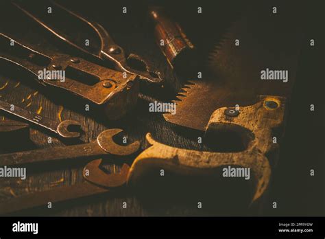Collection Of Vintage Carpentry Tools On Old Workbench Woodworking