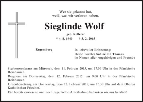 Traueranzeigen Von Sieglinde Wolf Mittelbayerische Trauer
