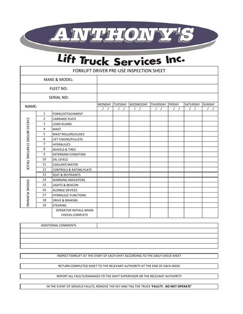 Free Printable Daily Forklift Inspection Checklist
