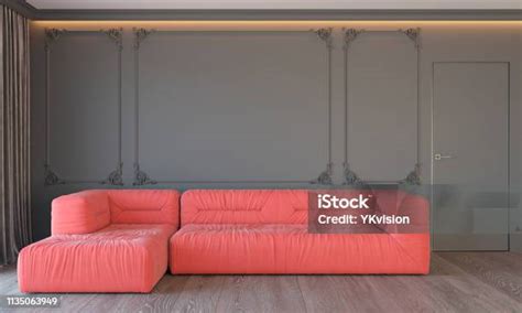 살아있는 산호 소파 벽 몰딩 천장 백라이트 나무 바닥 문과 커튼 현대 고전적인 회색 인테리어 3d 렌더링 그림 이랑 0명에 대한 스톡 사진 및 기타 이미지 Istock