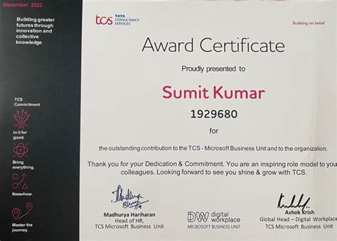 Sumit Kumar On Linkedin Work Tcs Recognition