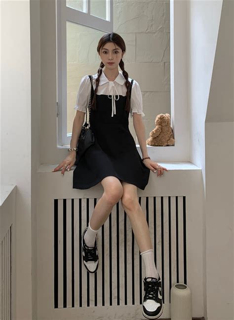 투피스같은원피스 셔츠 카라 리본타이 퍼프소매 반팔 블라우스 일체형 A라인 뷔스티에 블랙 미니 원피스 여름 레트로 복고풍