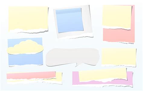 彩色撕紙條 筆記本紙片為文字 語音氣泡卡住白色背景向量插圖向量圖形及更多筆記本圖片 筆記本 一組物體 名單 Istock